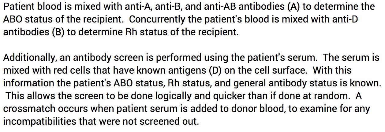Front What is the process of ABO screening? Blood crossmatch? Blood screen?
