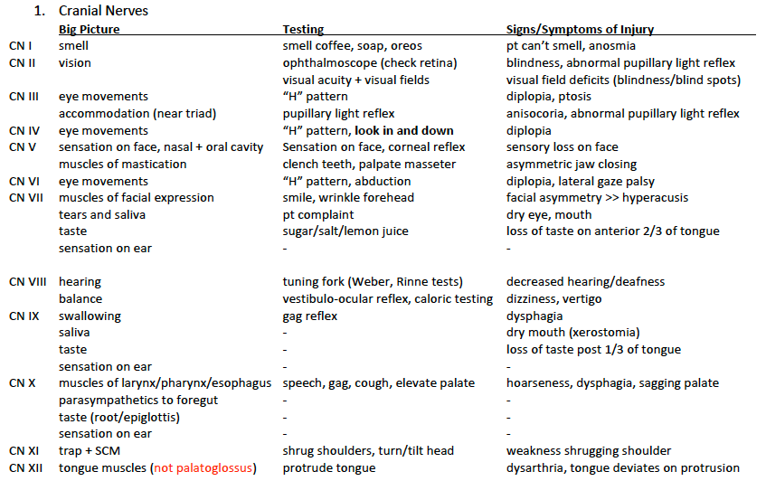 Cranial Nerve Testing Chart